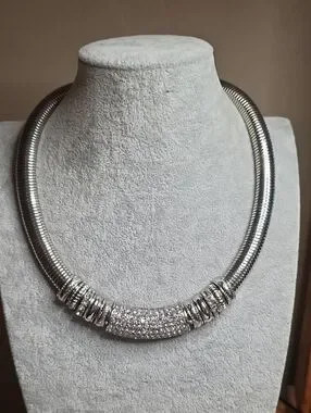 Jewelry | Silvertone Gas Pipe Collar Necklace Rhinestone Charm Slide ...